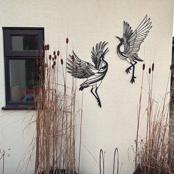 Metal Cranes Wall Art Set of 2, Crane Birds Decor, Unique Living Room ...