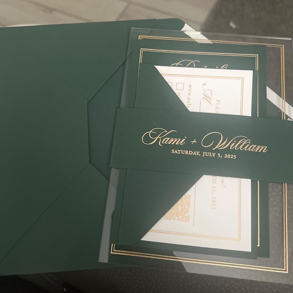 Dark Green Wedding Invitation Suite With Acrylic Card: Tri-fold Pockets ...