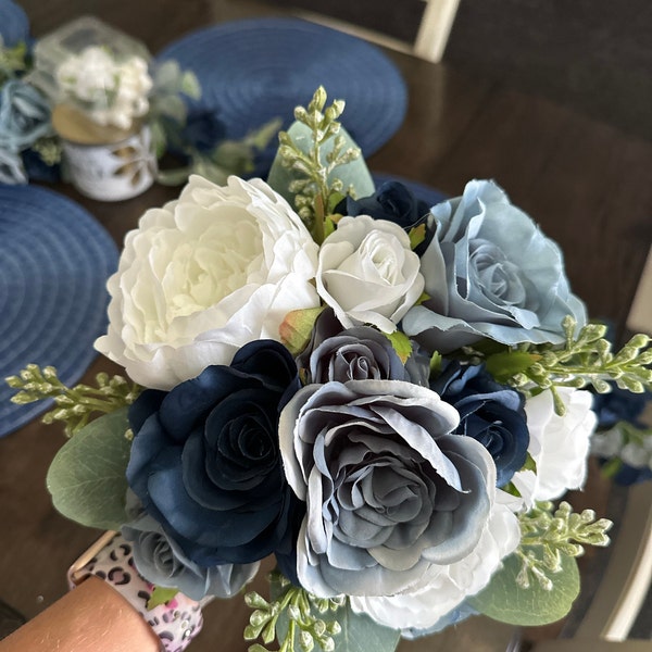 Slate Blue Wedding Bouquet: Silk Mini Roses, Eucalyptus Bridal Flowers ...