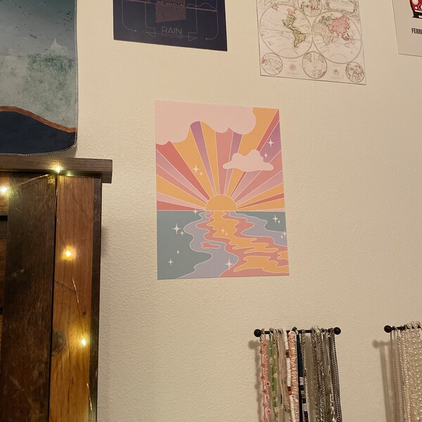 Pastel Sunset Poster, Aesthetic Poster, Sun Rays Beach Print, Danish ...