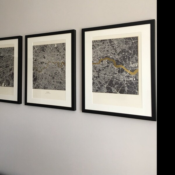 London Triptych Map Screen Prints | Navy River & Gold Streets | Gold ...