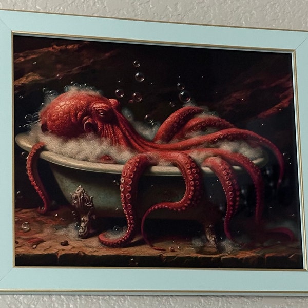 Octopus in the Bathtub Oil Painting, Nautical Bathroom Wall Art, Animal ...
