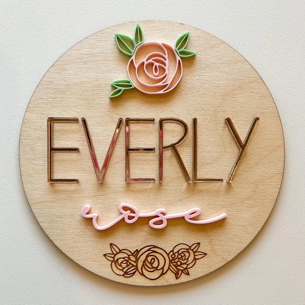 Rose Baby Girl Name Sign Floral Wood Name Sign 3D Name Announcement ...