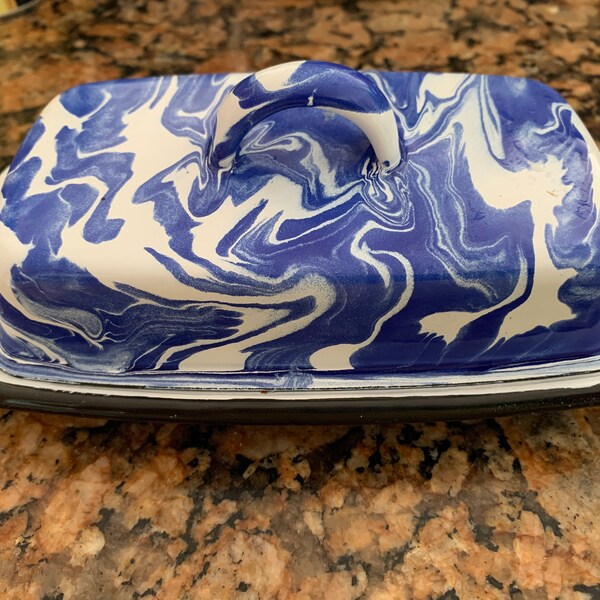 Cobalt BLUE SPLATTER Enamelware BUTTER Dish Splatterware 1/2 Pound ...
