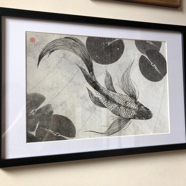 Single Japanese Butterfly Koi - Gyotaku Giclee Print - Traditional ...