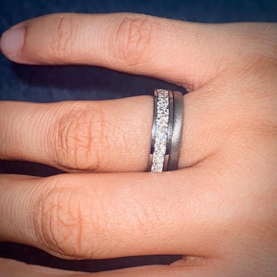 Hammered Meteorite & Guitar String Ring, Black Tungsten Ring, Hammered ...