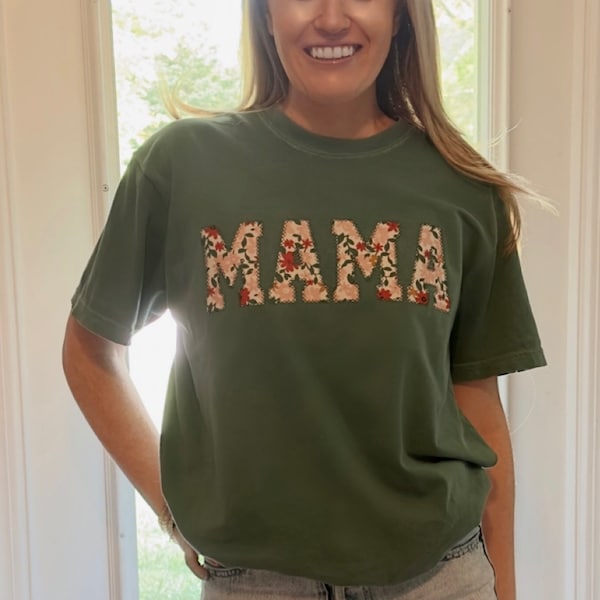 Comfort Colors Mama Embroidered Fall Floral Applique Short Sleeve Shirt ...