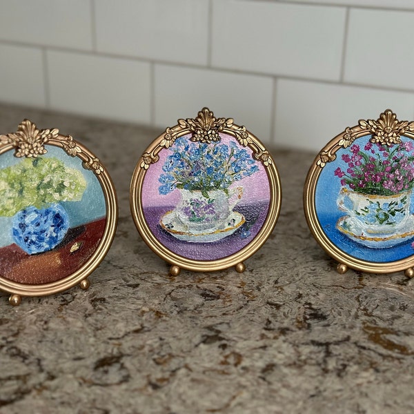 Miniature Original Oil Painting Still Life Fine Art Teacup Flowers ...