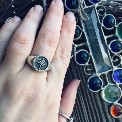 North Star Signet Ring Quality Silver Signet Ring Celestial Round Ring ...