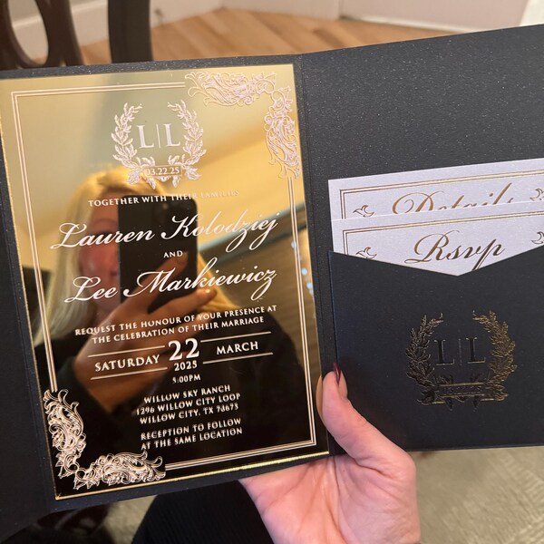 Gold Mirrored Wedding Invitation, Custom Cut Mirrored Wedding ...
