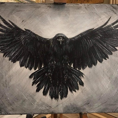 Black Raven & Golden Moon Phases Art Print Flying Raven - Etsy