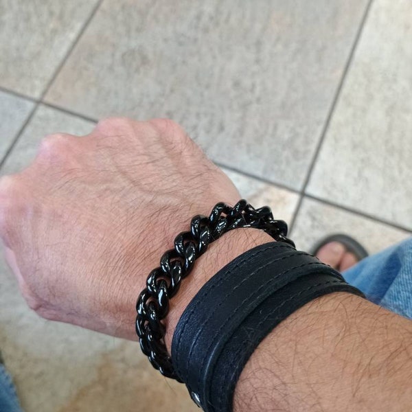 Black Stainless Chain Bracelet, 12mm Black Chain Link Bracelet ...