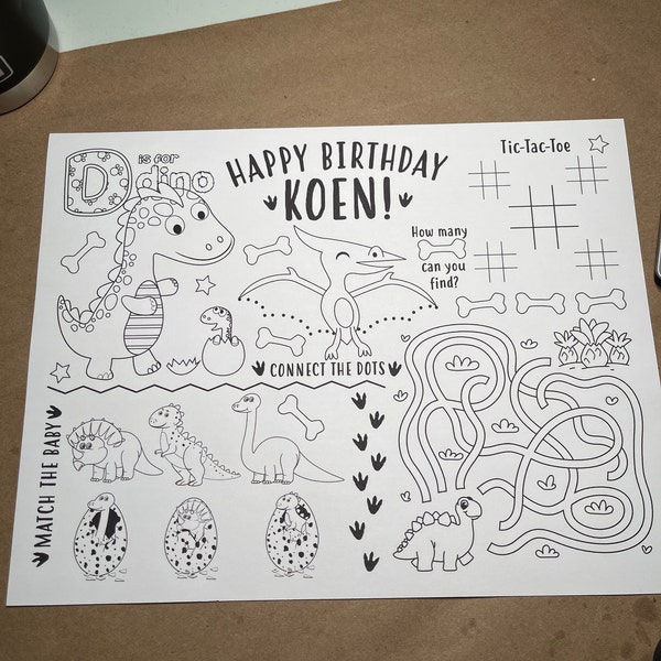 Dinosaur Coloring Placemat, Dino, Personalized, Digital File, Printable ...