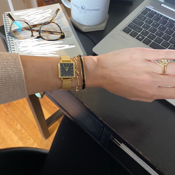 Rectangle Watch With a Golden Mesh Strap, Classic Women's Wrist Watch ...