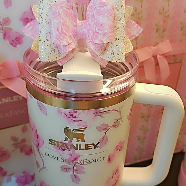 Ribbon Rosa Stanley Tumbler Bow Straw Topper Pink Roses Stanley Cup Bow ...