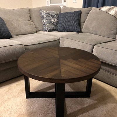 Round Rustic Wood Herringbone Pattern Coffee Table With Black Wood Legs ...