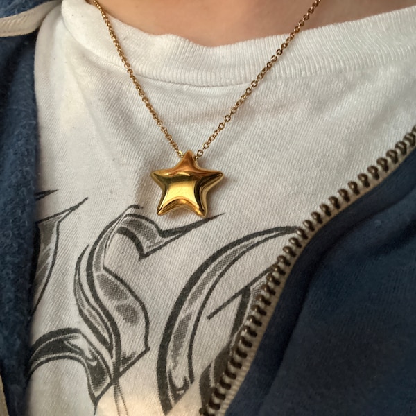 Mini Puffed Star Necklace Puffy Chunky Star Pendant Link Chain 18k Gold ...
