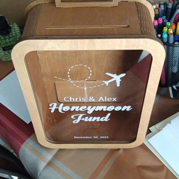 Personalized Wood Acrylic Honeymoon Fund Box Suitcase Style Wedding ...