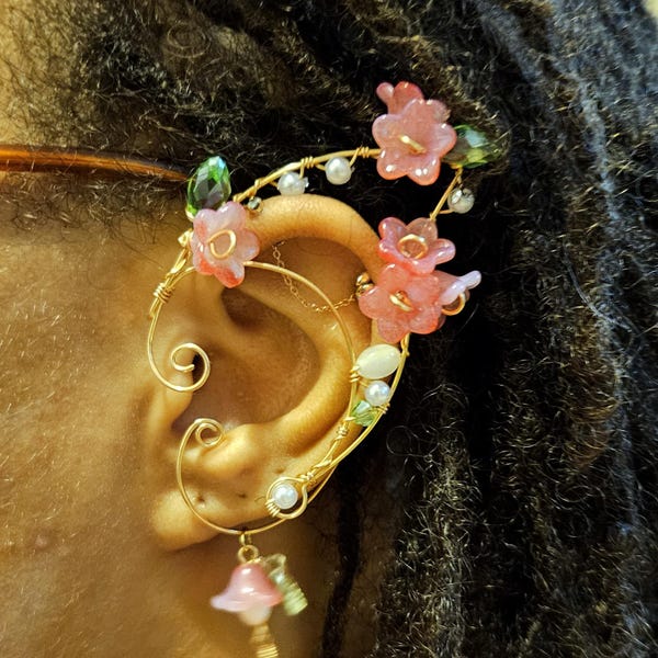 Elf Ear Cuff Flower Fairy Earring Pink Floral Earcuff No Piercing Rat ...