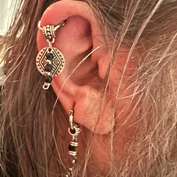 Mens Beaded Stainless Steel Hoop Earring- Antique Silver Tribal Coin ...