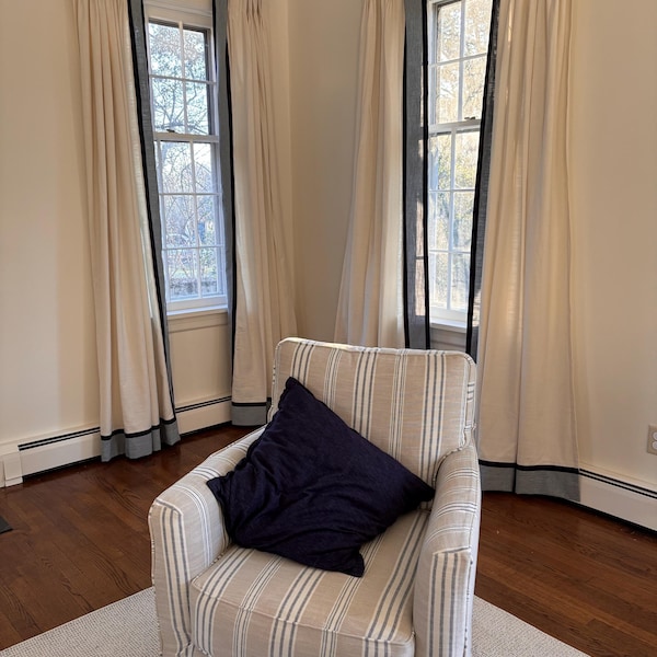 White Linen Curtain Panels, Pleated Curtains With Navy Ribbon, Curtains ...