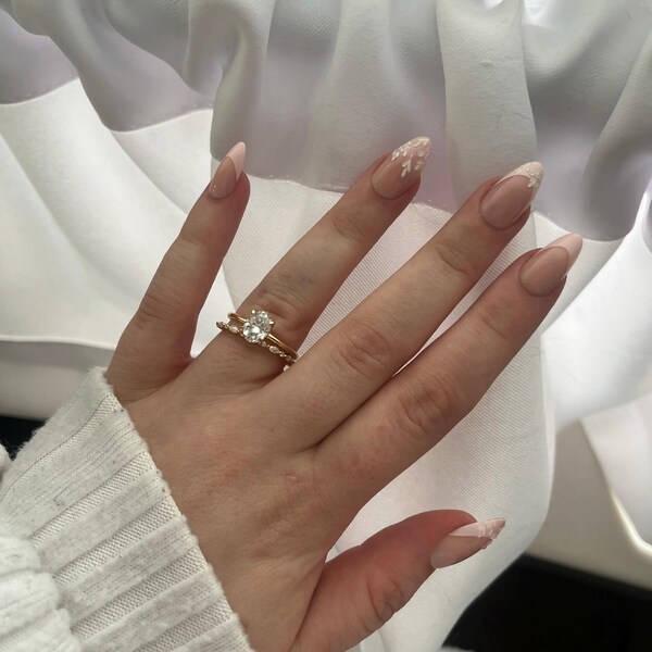 Dainty Single Prong Ring, Marquise and Round Moissanite Wedding Band ...