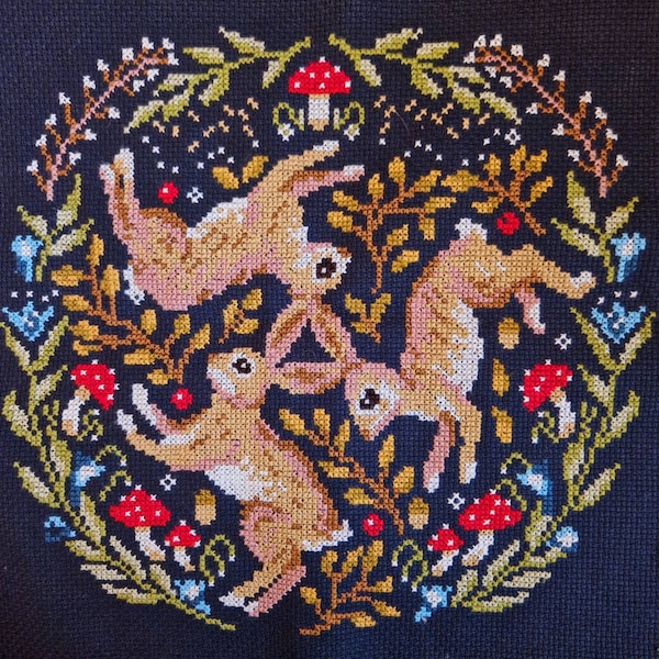 Three Hares Cross Stitch Pattern: Trinity Rabbit & Mushrooms (PDF ...