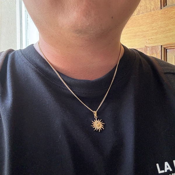 18k Gold Sun Pendant Necklace Mans Pendant Mens Necklace Mens Sun Star ...