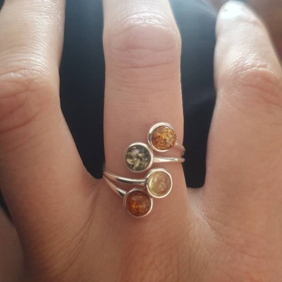 Multicolored Amber Adjustable Ring on 925 Silver, Amber Ring ...