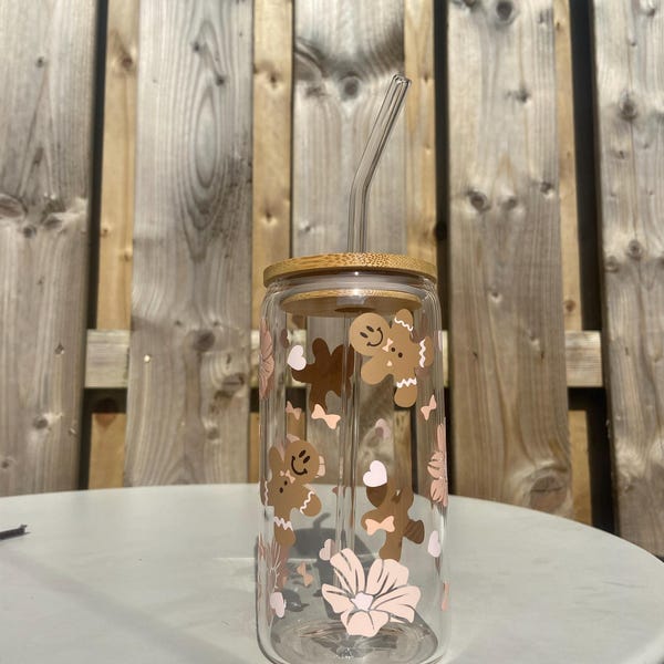 Pety Pinky Flower Can Glass With Straw/16oz - Glass Can Coffee - Coffee ...