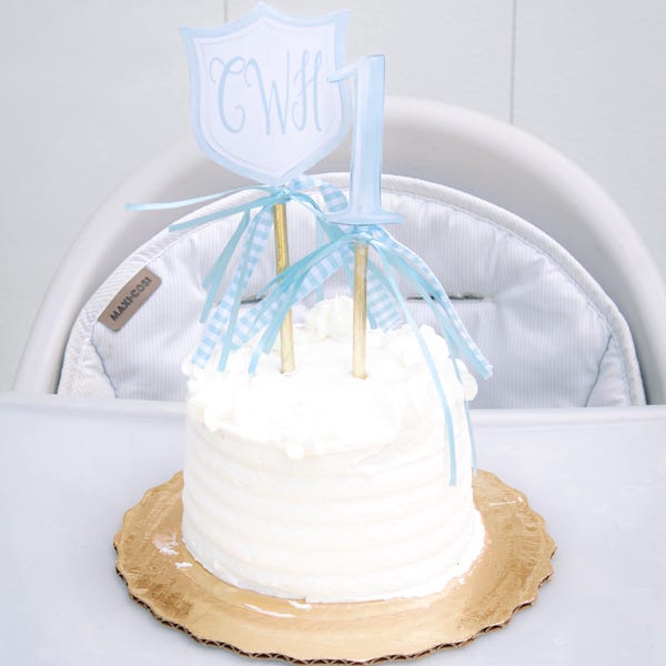 Watercolor Blue ONE Cake Topper & Monogram Blue Crest Cake Topper ...