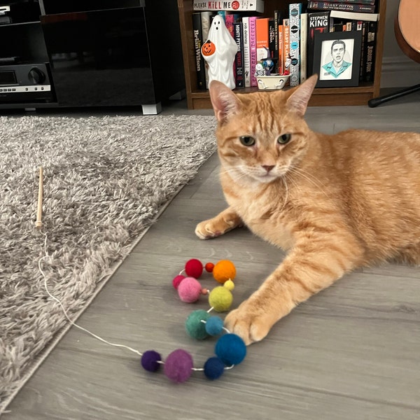 Customizable Felt Ball Fishing Cat Toy - Felted Balls on Knotted Cord ...