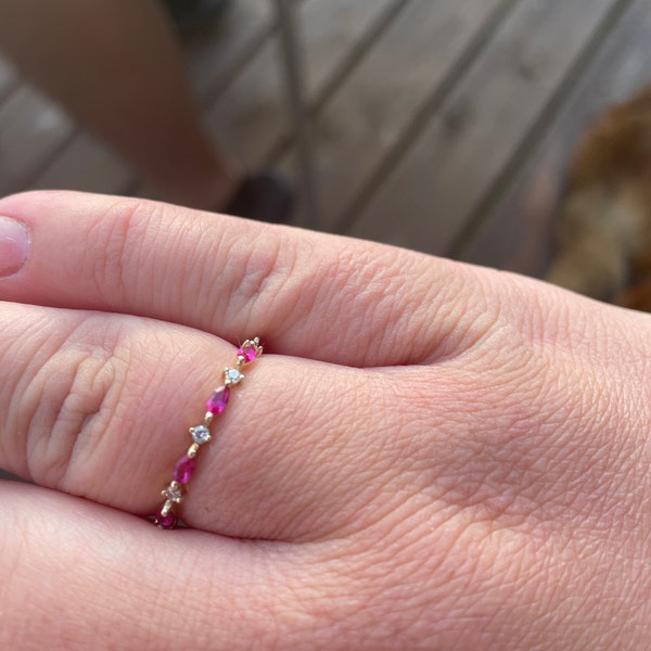 14k Solid Gold Ruby Ring, Dainty Stacking Ring, Marquise Ruby Band, Unique Stackable Ring, Half ...