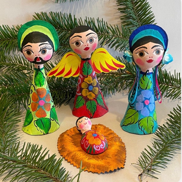 Colorful PAPER MACHE NATIVITY, Four Pieces, Bell Shaped Figures, Mexico ...