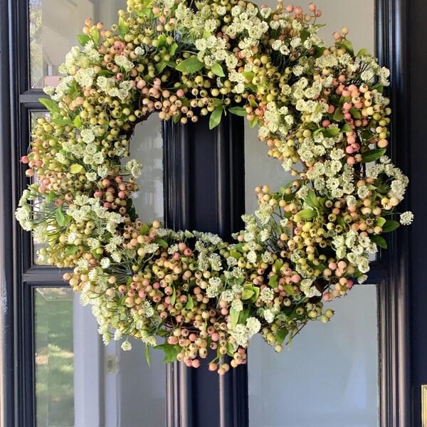 Pink & Green Pepperberry and Queen Anne’s Lace Front Door Spring Wreath ...