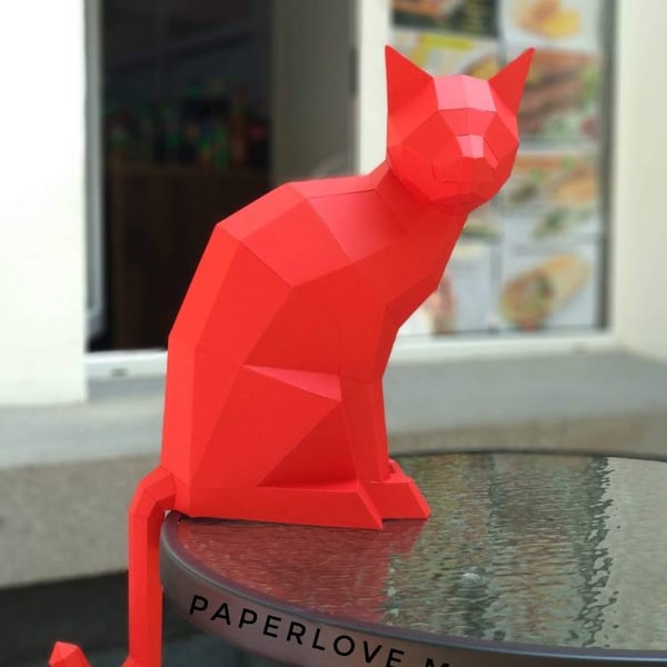 3D Paper Craft Cat, DIY Sculpture Sitting Cat, Papercrafting, Low Poly ...