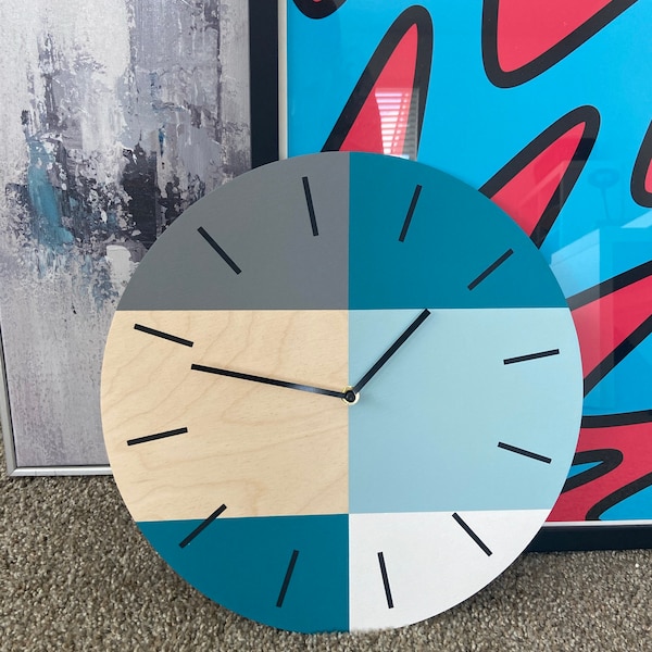 Turquoise Wall Clock Teal Blue Wall Art Color Block Wall Clock Design ...