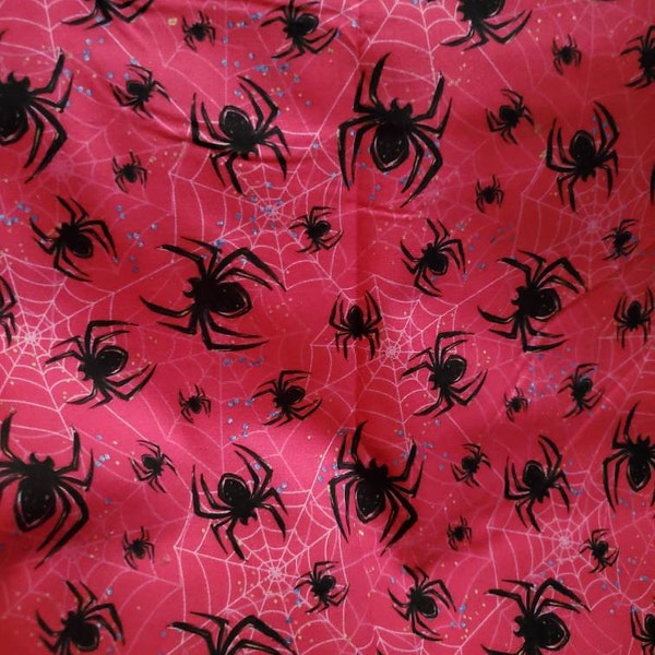 Spider Fabric, Web Fabric, Spiders on Webs, Spiders on Red, Cotton ...