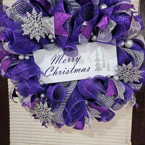 Purple and Silver Christmas Wreath, Glitter Snowflake Decor, Purple ...