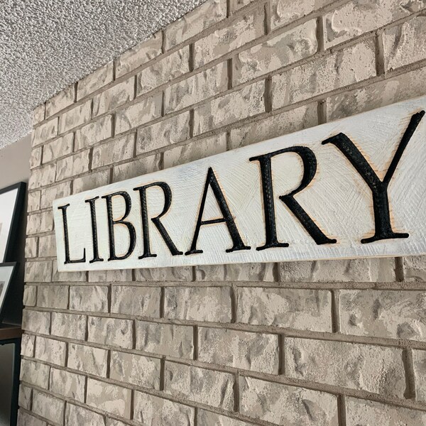 Library Sign - Carved in a 40"x8" Solid Wood Board Rustic Distressed ...