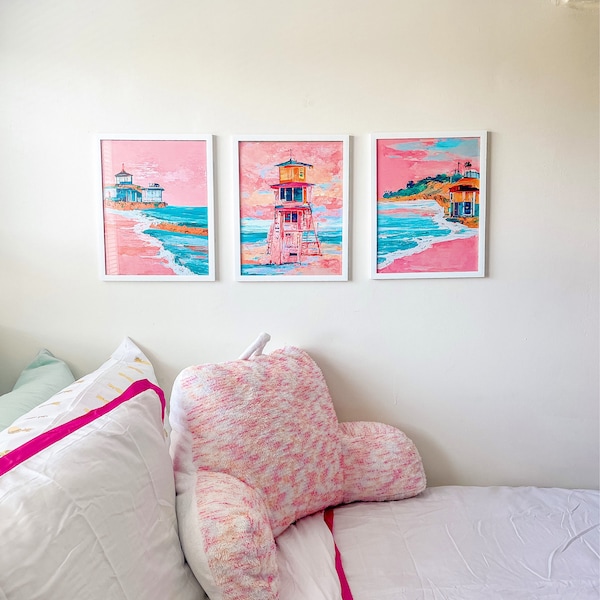 Pink Boho Beach Wall Art Set of 3 Bohemian Surf & Beach Prints, Preppy ...