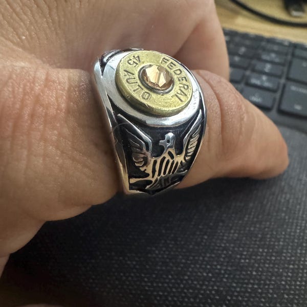Stainless Steel Bullet Ring With Hand Guns and Brass 45 Auto Bullets ...
