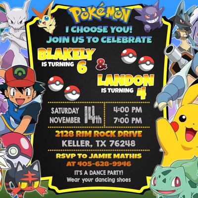 Pokemon Invitation, Personalized Invitation 5x7 or 4x6 - Etsy