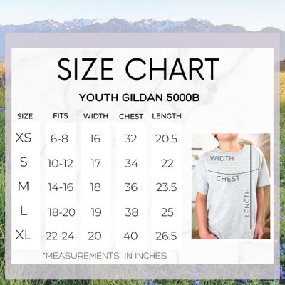 Gildan 5000B Youth Size Chart, Unisex Gildan G5000B Size Chart, Gildan ...