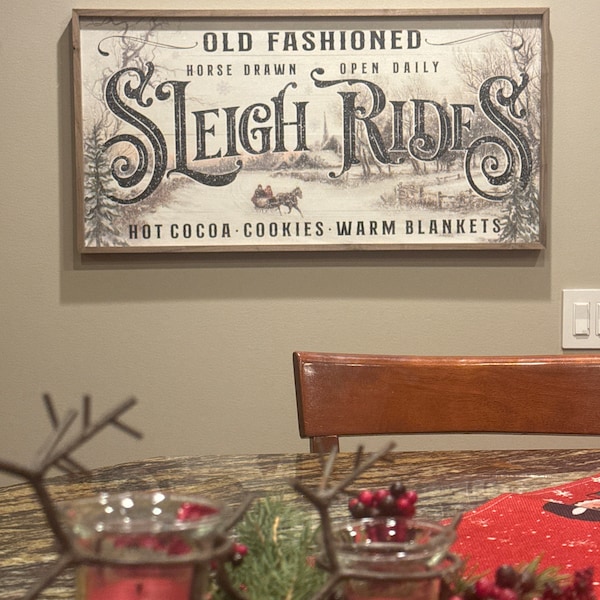 WOOD SIGN! Old Fashioned Sleigh Rides Sign Christmas Decor Framed ...