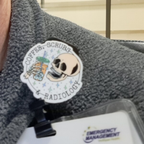 Funny MRI Safe Retractable Badge Reel - Coffee, Scrubs and Radiology ...