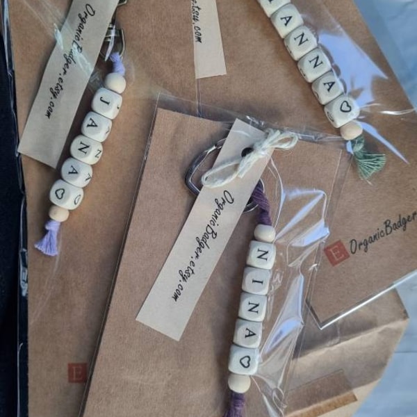 Name Tag Keychain, Wooden Bead Name, Personalized Gift, End of School ...