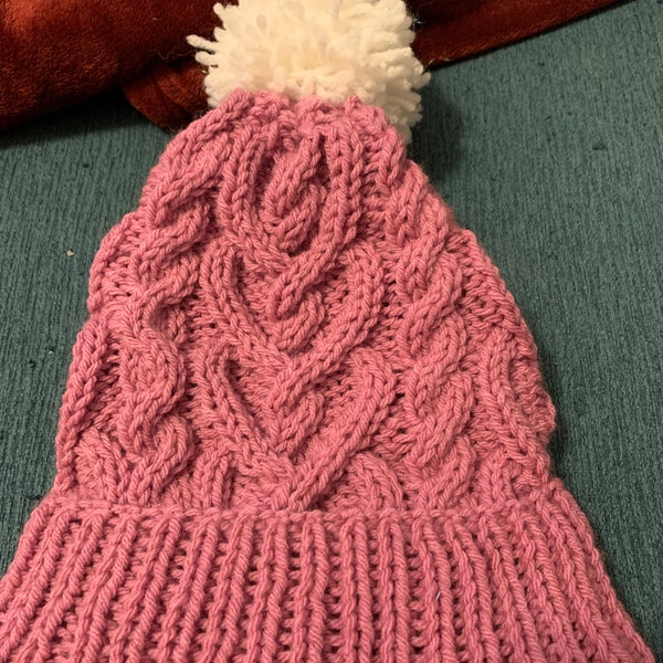 Cable Hat Pattern - Heart Cables Knitting Tuque Pattern - Knit Pink ...