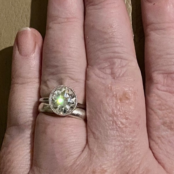 Bezel Set Moissanite Ring Three Stone Moissanite Unique Engagement Ring 2.30 CTW White Emerald ...