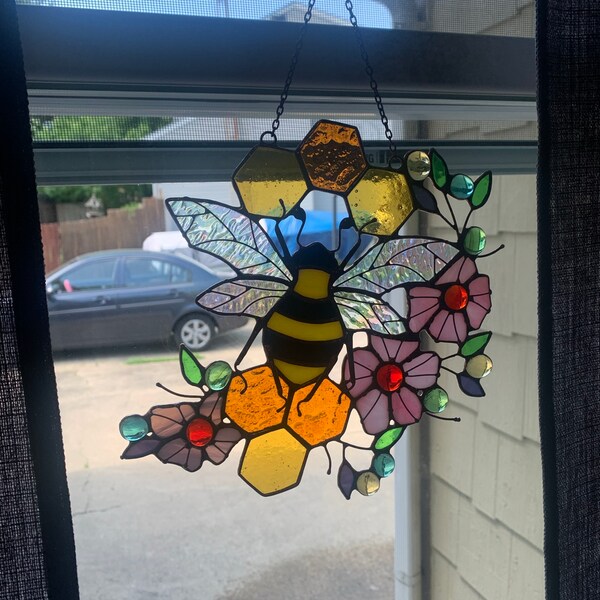 Yellow Suncatcher Honeycomb Stain Glass Home House Decor Panel Spring ...
